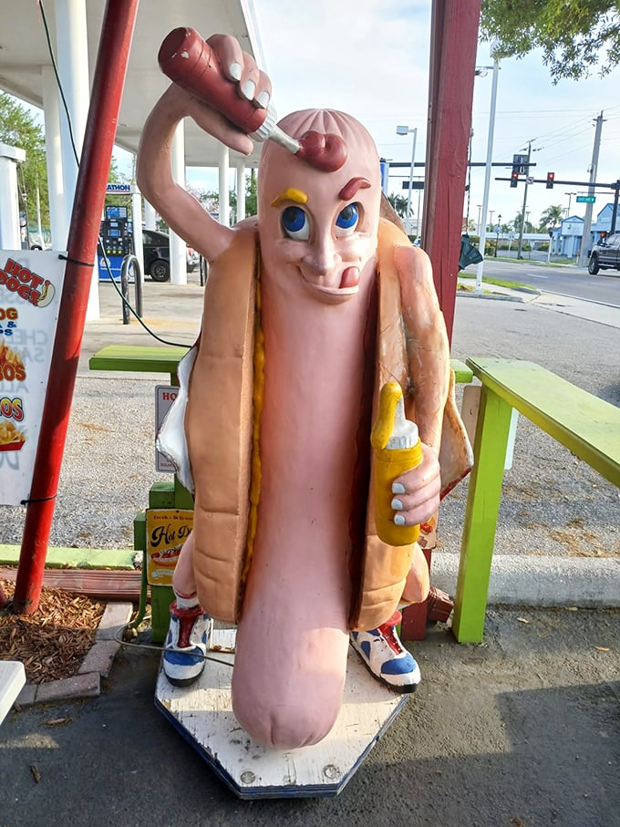 Meet the unofficial greeter—a hot dog mascot with more personality than some people I've interviewed. Those eyes have seen things… mostly hungry people.