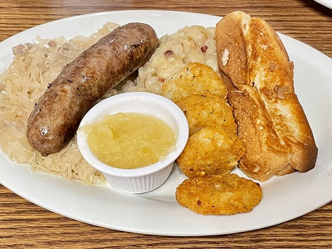 A proper bratwurst doesn't need fancy presentation—just sauerkraut, potato pancakes, and your undivided attention.