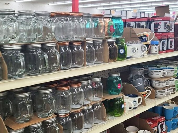Mason jar heaven! These versatile vessels await their destiny as drinking glasses, candle holders, or the containers for that pickling hobby you're totally going to start.