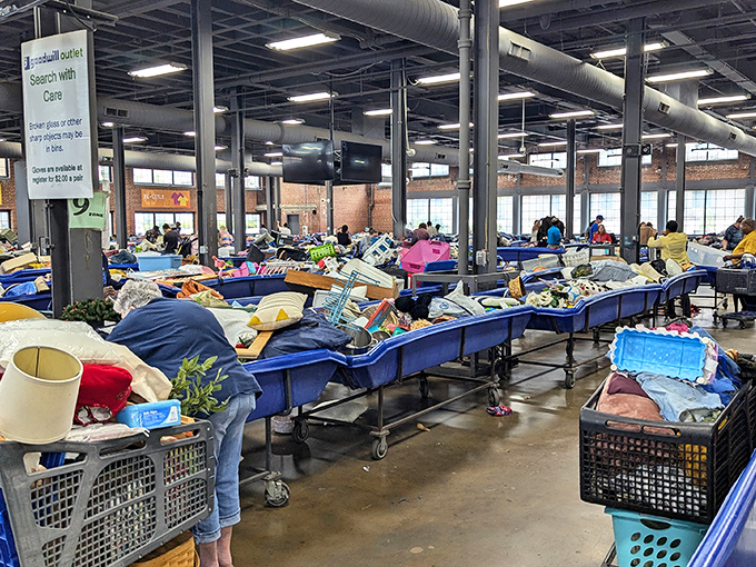 The warehouse expanse stretches on like an ocean of possibilities – each shopper navigating their own treasure map through the blue bin archipelago.
