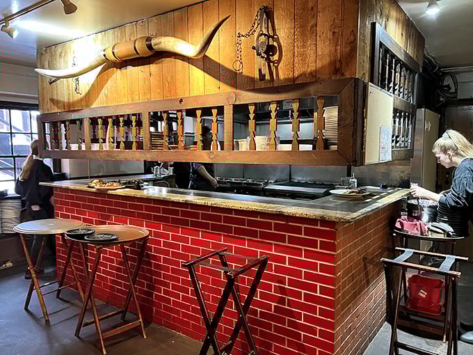 Where frontier cuisine meets modern craftsmanship. This kitchen setup looks ready to handle everything from buffalo steaks to unexpected celebrity visits.