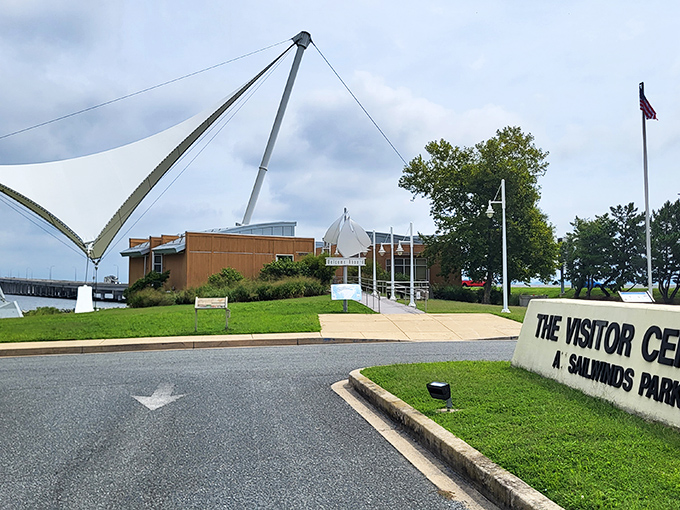 The Visitor Center at Sailwinds Park welcomes travelers with its distinctive sail-inspired architecture. Your gateway to Cambridge's waterfront adventures begins here.