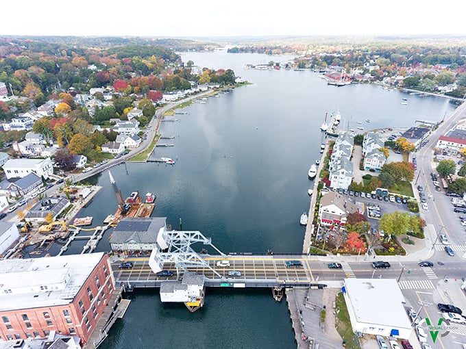 From above, Mystic reveals its true character—a perfect marriage of land and sea, connected by the iconic bascule bridge that splits the town in two.