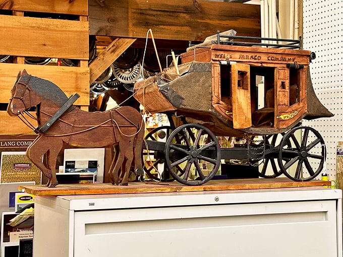 This wooden stagecoach model recalls a time when "road trip" meant something entirely different. The Wells Fargo logo reminds us some companies actually do survive centuries.