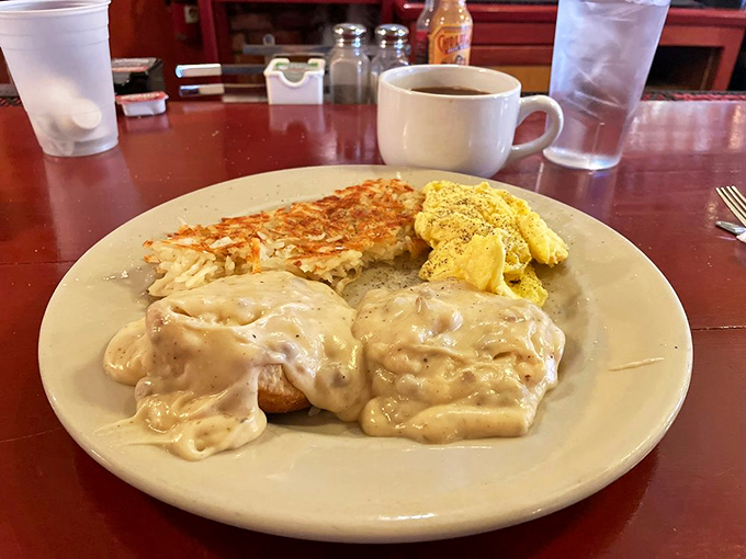Biscuits and gravy that would make any Southern grandmother nod in approval—comfort food that gives you a warm hug from the inside.