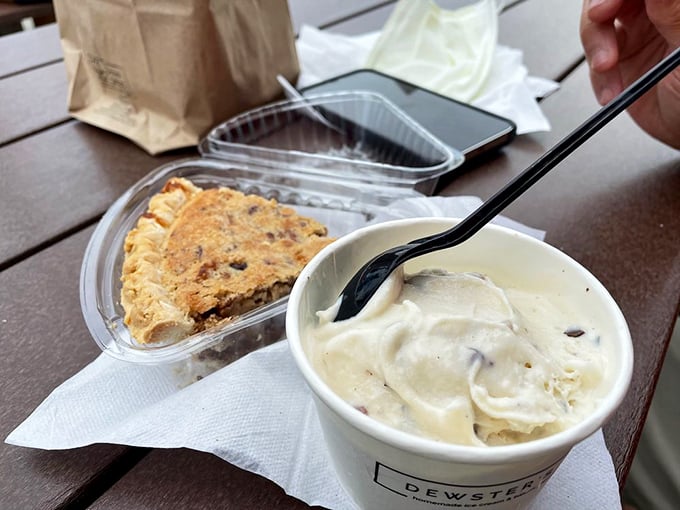 Ice cream and pie together on one plate—proof that sometimes the best relationships are the ones that seem obvious only after someone introduces you.