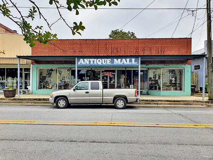Behind these turquoise storefront windows, Breaux Bridge's antique mall holds treasures that tell stories of Louisiana's colorful past.