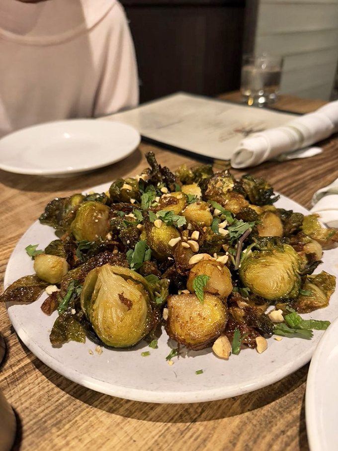 Brussels sprouts that could convert even the most dedicated vegetable skeptic—crispy, nutty, and herbaceous with what appears to be a hint of sweetness.
