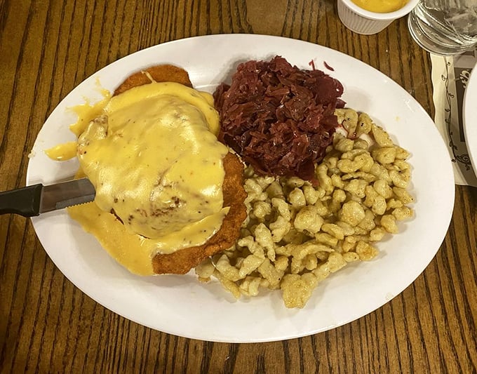 Schnitzel smothered in sauce with red cabbage and spätzle—a plate that would make your German grandmother weep with pride.