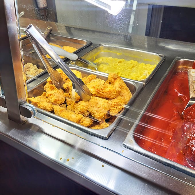 Behold the star of the show—golden fried chicken waiting patiently beside scrambled eggs the color of sunshine. Simple perfection needs no introduction.