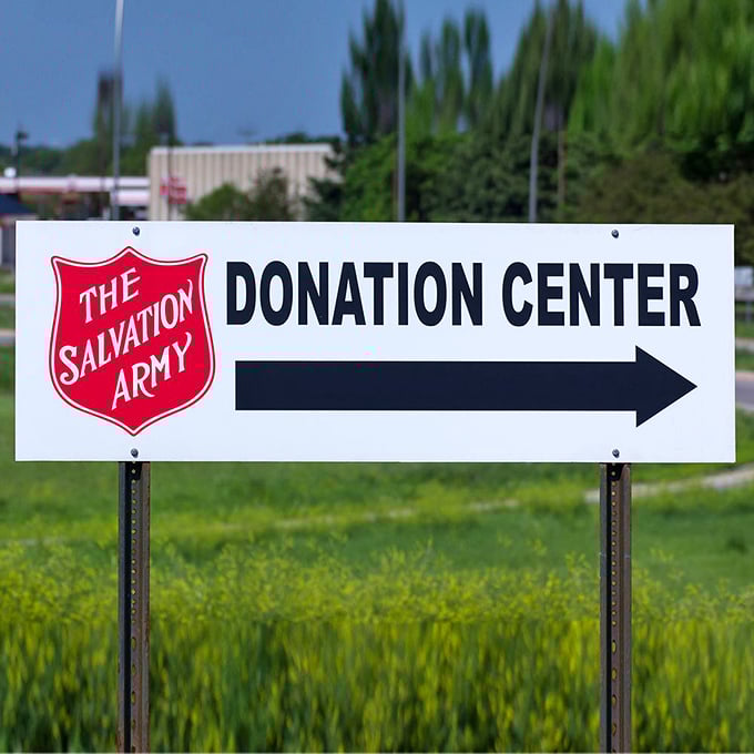 Follow the red shield to donation salvation. One person's decluttering is another's treasure hunt starting point.