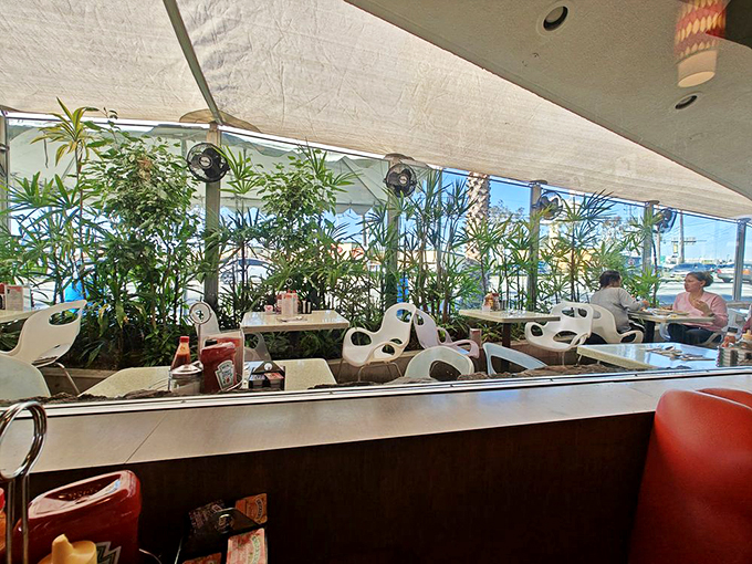The outdoor seating area where palm trees provide the soundtrack and every table feels like you've discovered a secret Los Angeles nobody told the tourists about.