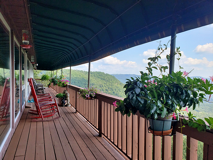 Red rocking chairs on the porch invite you to sit a spell, breathe mountain air, and contemplate whether you have room for second dessert.