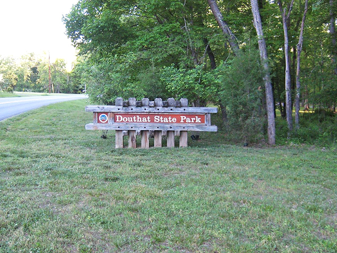 First impressions matter: Douthat's rustic entrance sign promises adventure without saying a word about the Wi-Fi password.
