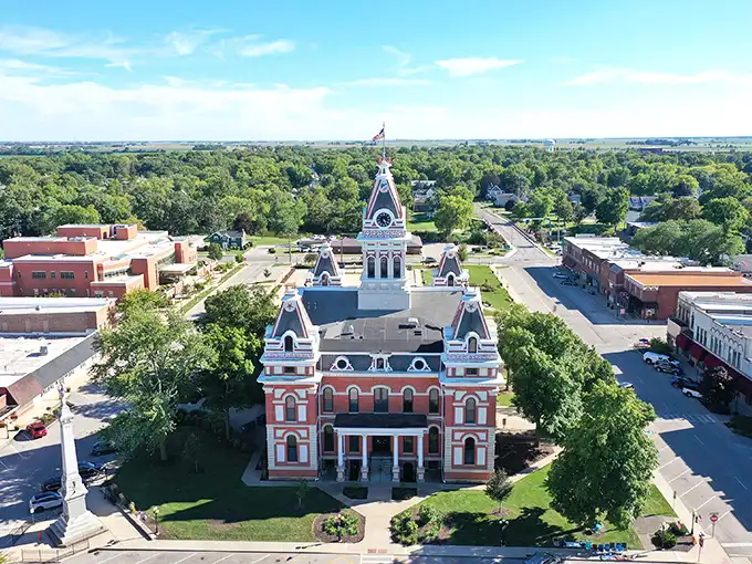 An aerial view revealing Pontiac's perfect town square layout—as if someone actually read the manual on "How to Build a Charming Midwestern Town."