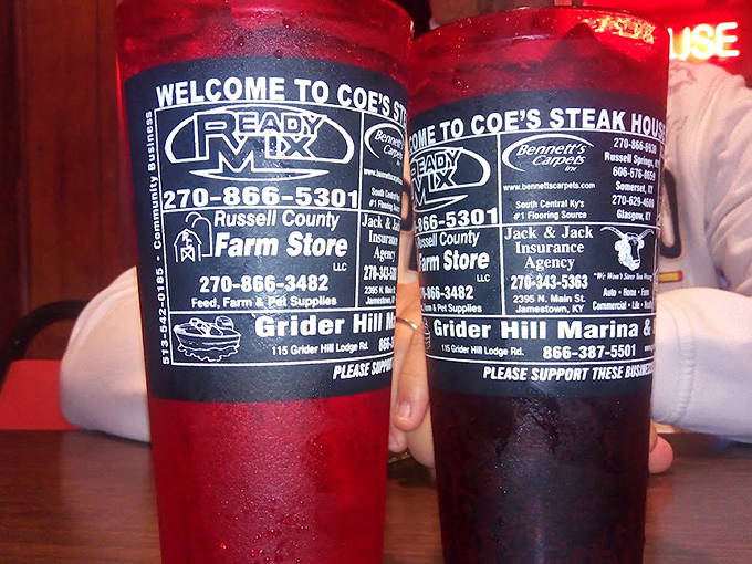 Those cups aren't just holding beverages—they're supporting the entire community. Local businesses advertised on drinkware is peak small-town charm.