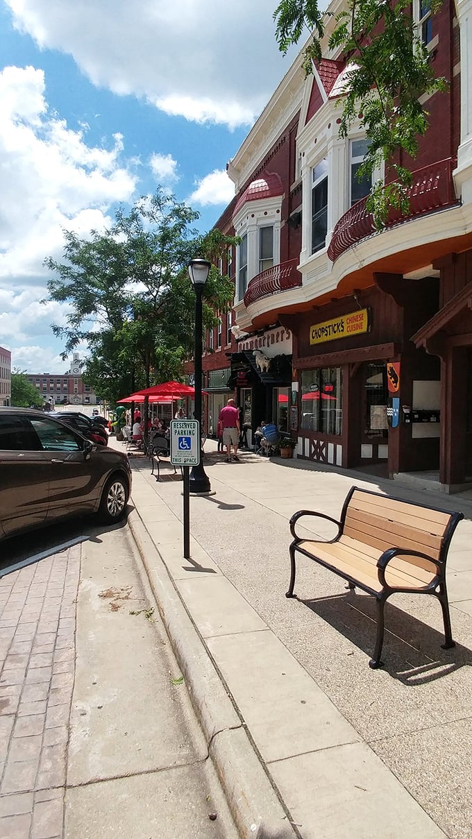 Another view of the downtown square showcases Monroe's well-preserved 19th-century architecture – a living museum where cheese culture thrives behind every storefront.