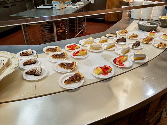 The dessert finale—a parade of pies and cakes that whisper, "You still have room." Sweet temptations that make belt-loosening a patriotic duty.
