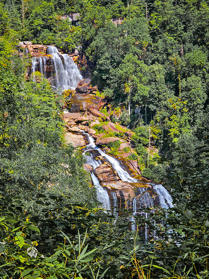 The falls from afar—framed by forest and stone. Some natural wonders are best appreciated with a little distance for perspective.