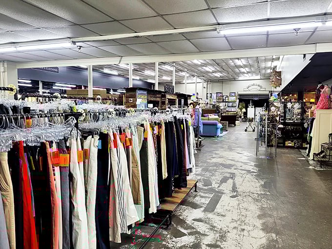 Organized chaos at its finest—racks of carefully categorized clothing create pathways through this treasure-hunter's paradise of second chances.
