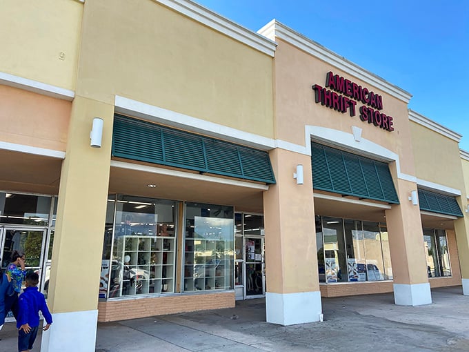 The American Thrift Store's welcoming facade promises treasure hunting adventures behind those glass doors.