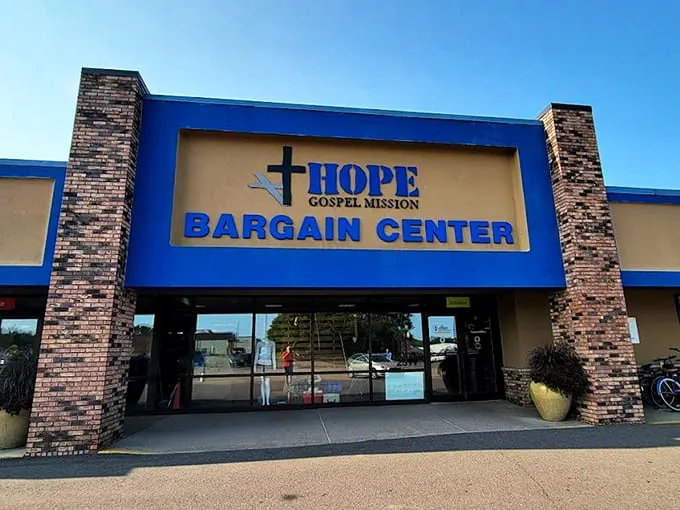 Hope Bargain Center's bright blue exterior promises treasure hunting adventures inside. Bargain paradise awaits!