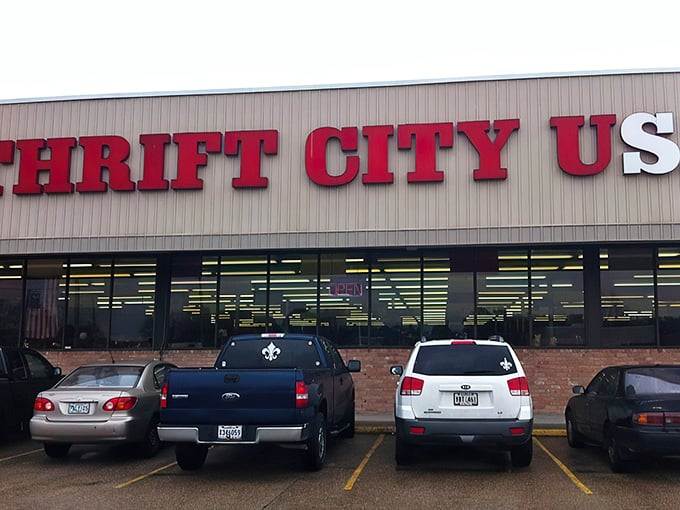 The bright red letters of Thrift City USA practically scream "bargains inside!" – treasure hunting begins here.