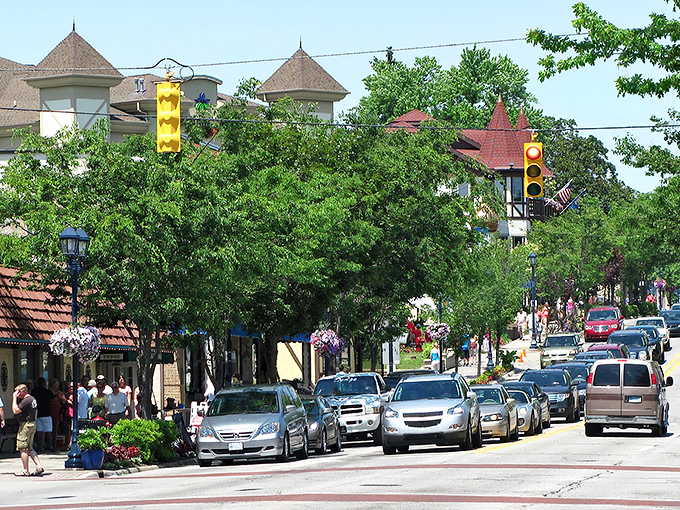 Main Street Frankenmuth bustles with shoppers exploring its German-inspired architecture. Like Disneyland for adults who prefer chicken dinners to roller coasters!