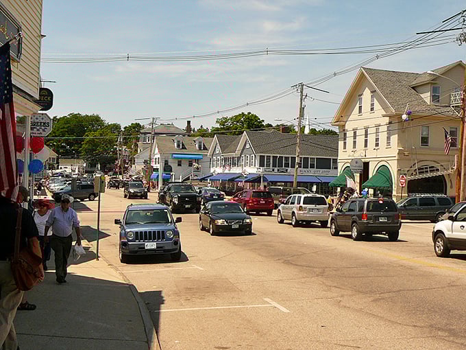 The bustling heart of "America's Oldest Summer Resort" – where even parking spots come with postcard-worthy views.