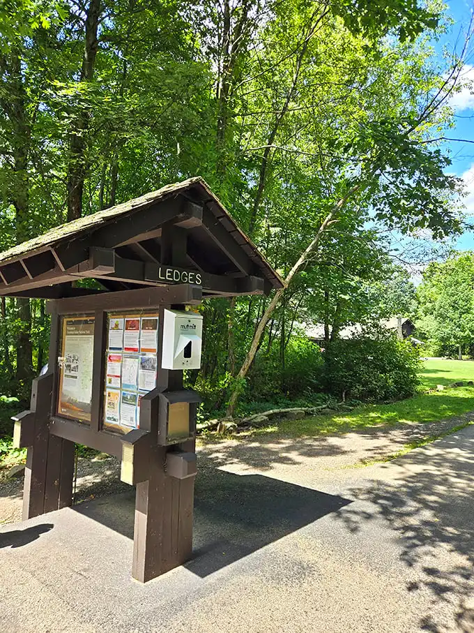 The humble trailhead kiosk – like the unassuming doorway to Narnia, it promises ordinary information but delivers extraordinary experiences just beyond.