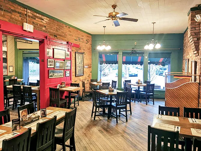 Exposed brick walls and wooden floors create that perfect blend of rustic charm and "I'm about to eat something incredible" anticipation.