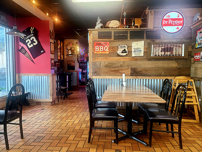 Where sports memorabilia meets rustic charm. This isn't interior design—it's barbecue authenticity with a side of local personality.
