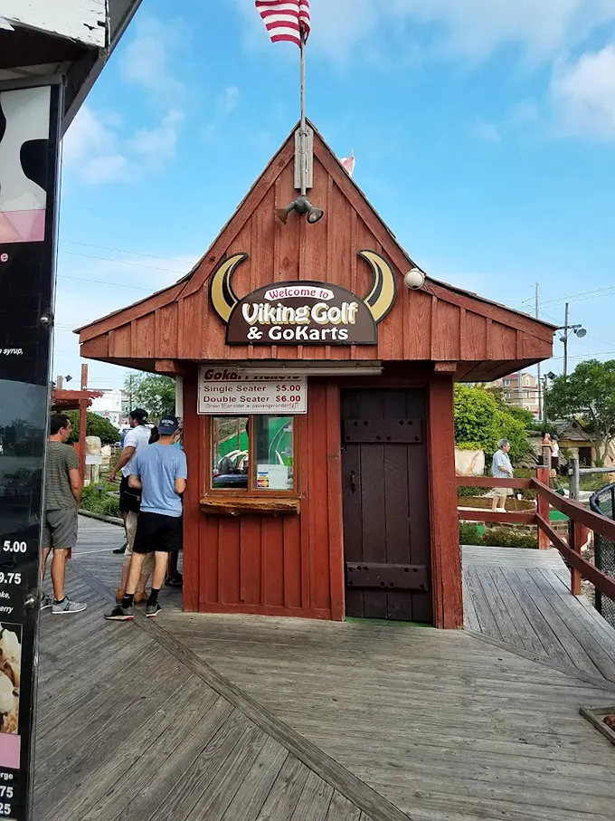 The iconic Viking entrance booth, complete with golden horns, welcomes adventurers to this coastal Delaware playground.