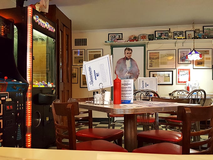 James Dean would feel right at home in this dining room where memorabilia isn't decoration—it's the restaurant's living scrapbook.
