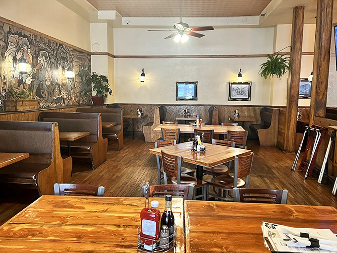 Step inside and you're transported to a cozy mountain lodge where wood, warmth, and wonderful aromas collide. The dining room feels like coming home—if home had exceptional beer.