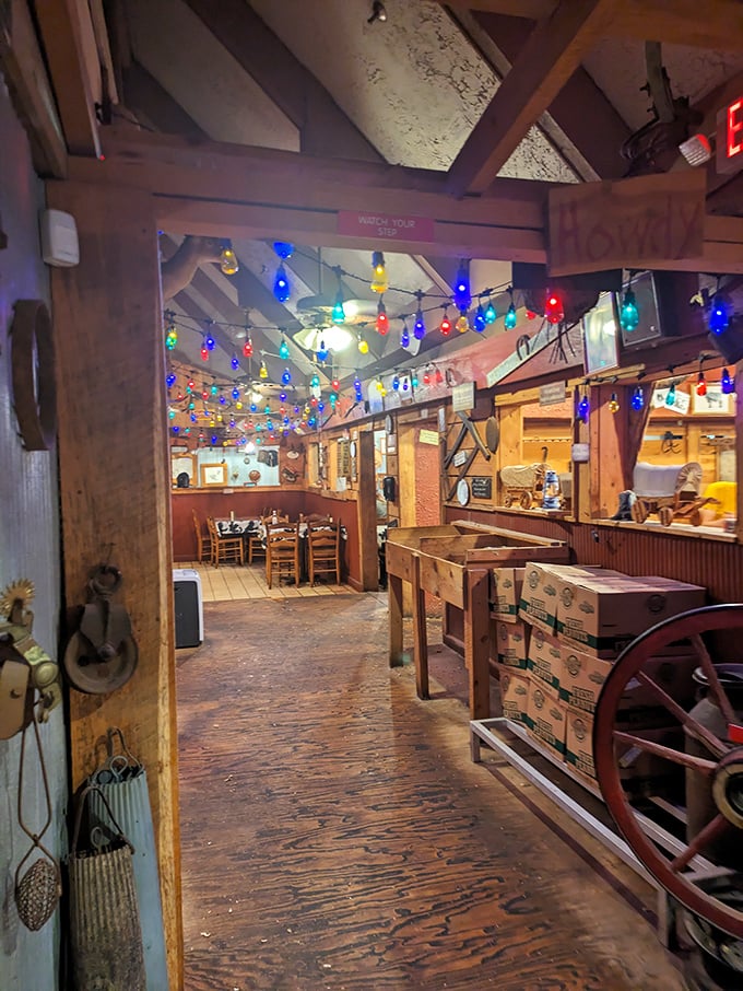 Step inside and you're greeted by rustic charm, wooden beams, and colorful string lights that say "celebration" even on an ordinary Tuesday. 