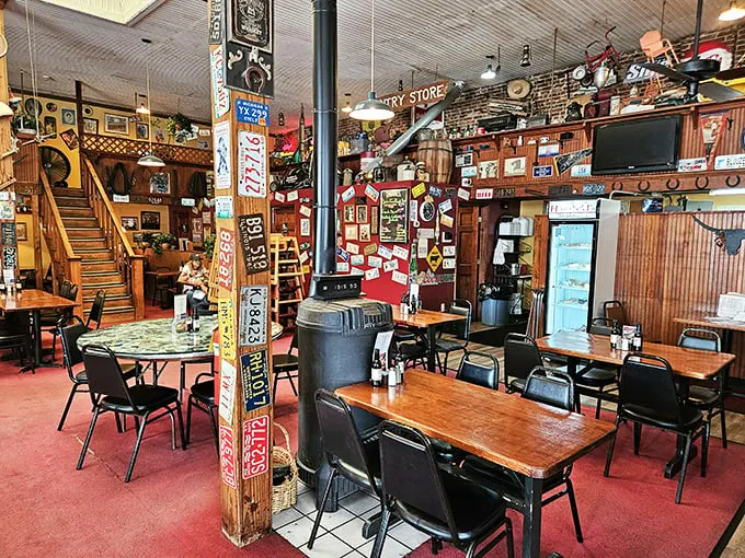Step inside and be transported to memorabilia heaven – where every license plate, vintage sign, and knickknack tells a story as rich as the food.