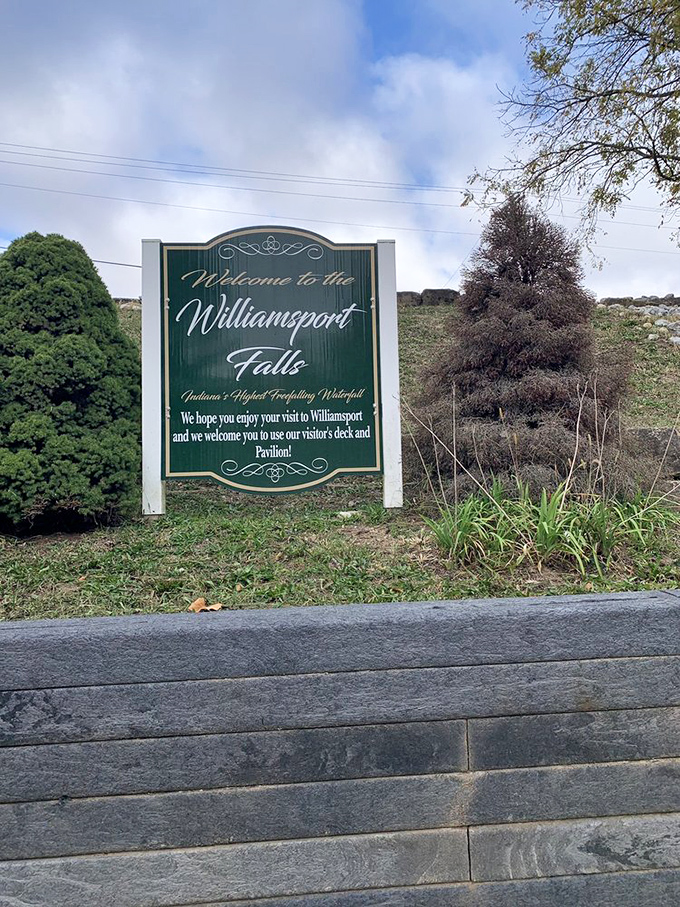 "Indiana's Highest Free-falling Waterfall" isn't just bragging—it's geography. This welcoming sign promises adventure while politely requesting you stay safe.