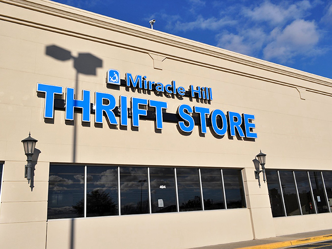 Blue skies, blue signage, and the promise of blue-ribbon bargains. Miracle Hill's storefront is like a beacon for the budget-conscious shopper.