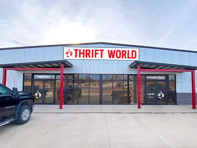 Thrift World's bold red sign promises an adventure in secondhand treasures. It's the Disneyland of discounts for the fiscally responsible explorer!