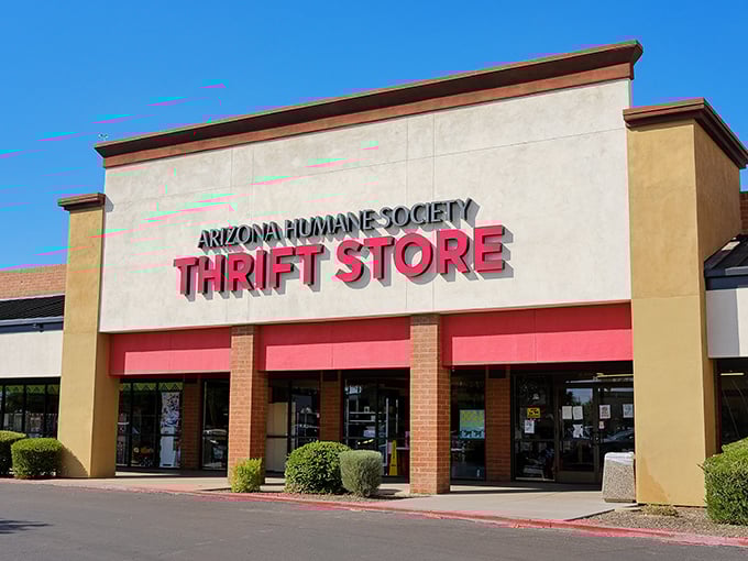 Sunshine, blue skies, and bargains await. This thrift store's façade is as welcoming as a neighbor offering fresh-baked cookies.