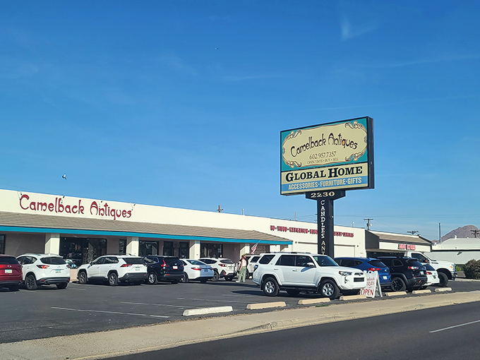 Under that perfect Arizona sky, Camelback Antiques promises a day of discovery. The parking lot's full for a reason—the good stuff goes fast!