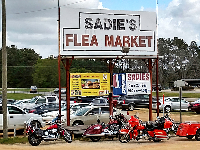 Sadie's iconic sign welcomes weekend warriors and motorcycle enthusiasts alike—the Alabama equivalent of retail therapy with a side of Southern charm.