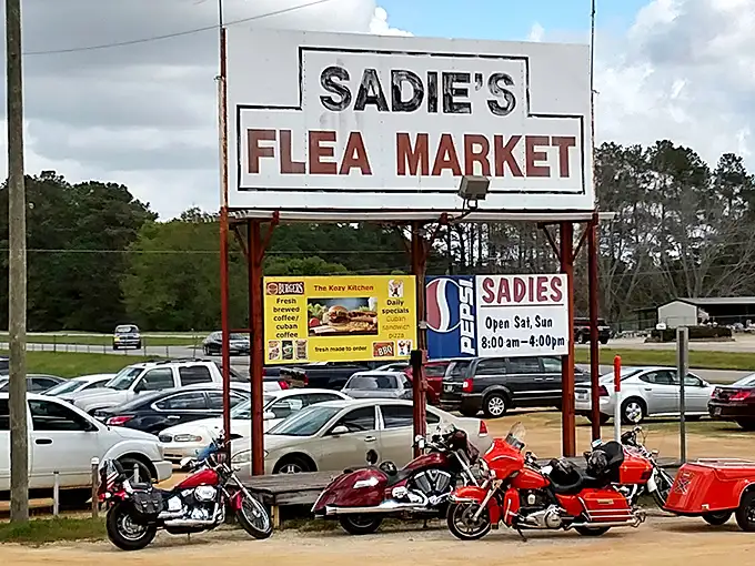 Sadie's iconic sign welcomes weekend warriors and motorcycle enthusiasts alike—the Alabama equivalent of retail therapy with a side of Southern charm.