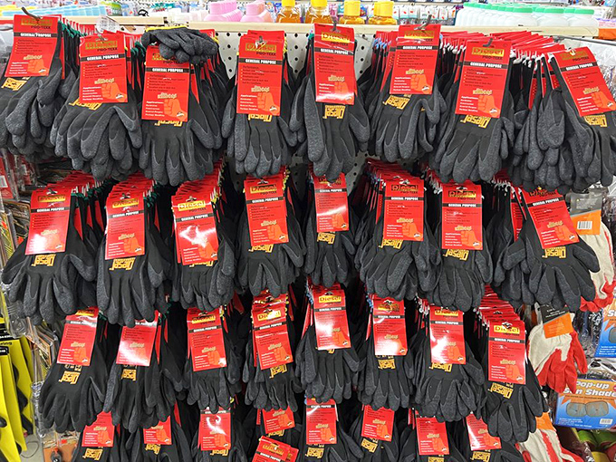 Work gloves galore! The wall of hand protection would make my contractor friend weep with joy—like finding the holy grail of home improvement accessories.