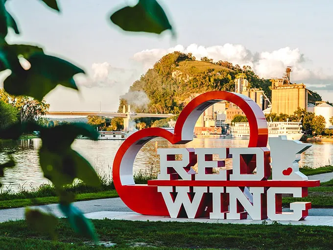 The iconic Red Wing heart sign welcomes visitors with Midwestern sincerity—no Vegas-style neon needed when you've got genuine character.