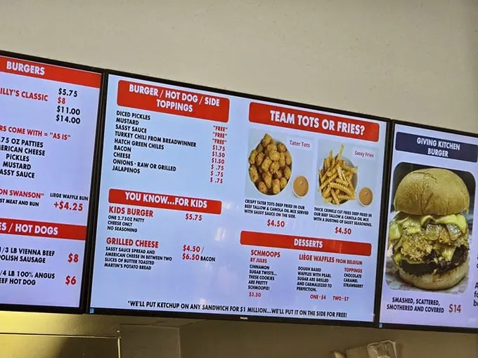 This menu isn't just a list of options; it's a roadmap to happiness. Team Tots or Team Fries? Life's important questions aren't always philosophical.