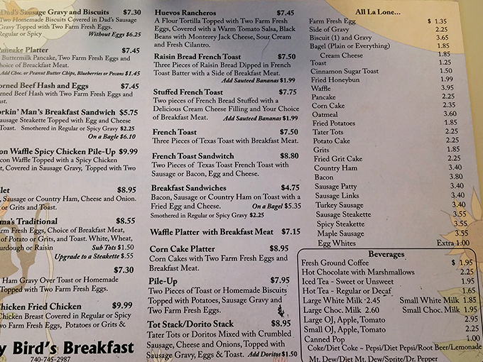 This menu isn't just a list of options—it's a roadmap to breakfast nirvana where decisions become deliciously difficult and hunger meets its match.