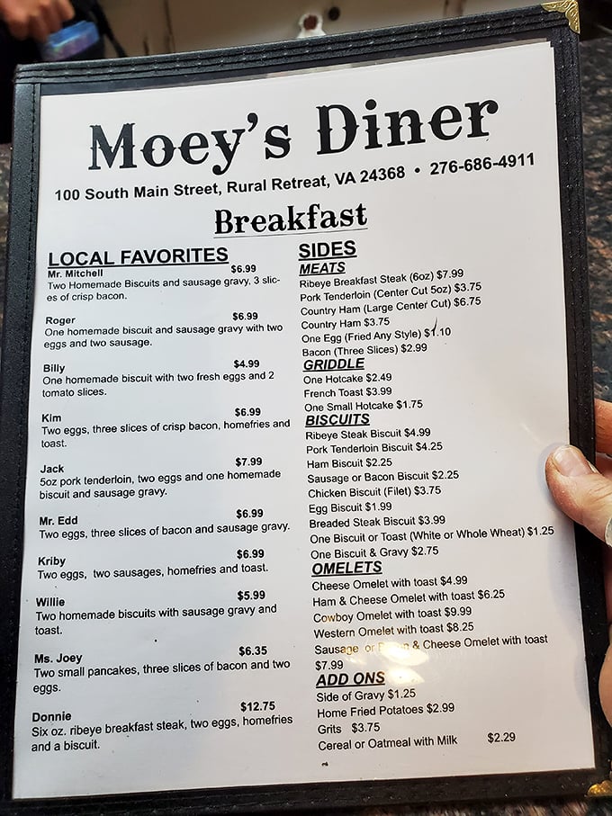 The menu reads like a roll call of breakfast heroes. Each dish named after a regular customer—the ultimate small-town honor.