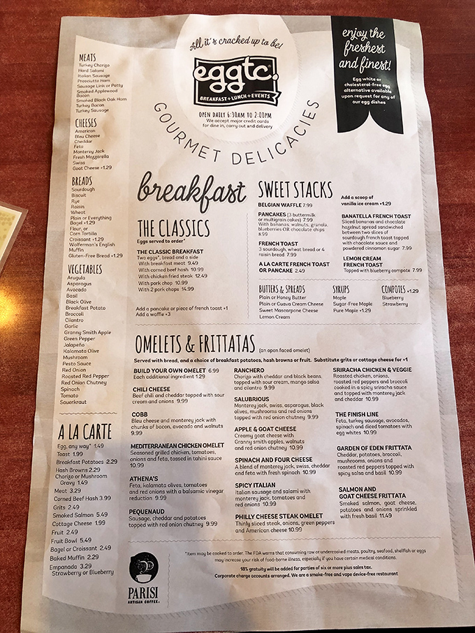 This menu isn't just a list of food—it's a roadmap to breakfast nirvana where sweet, savory, and everything in-between awaits.